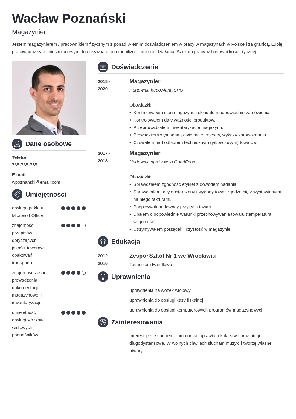 CV magazynier / operator wózka - Wzór [+ List motywacyjny]