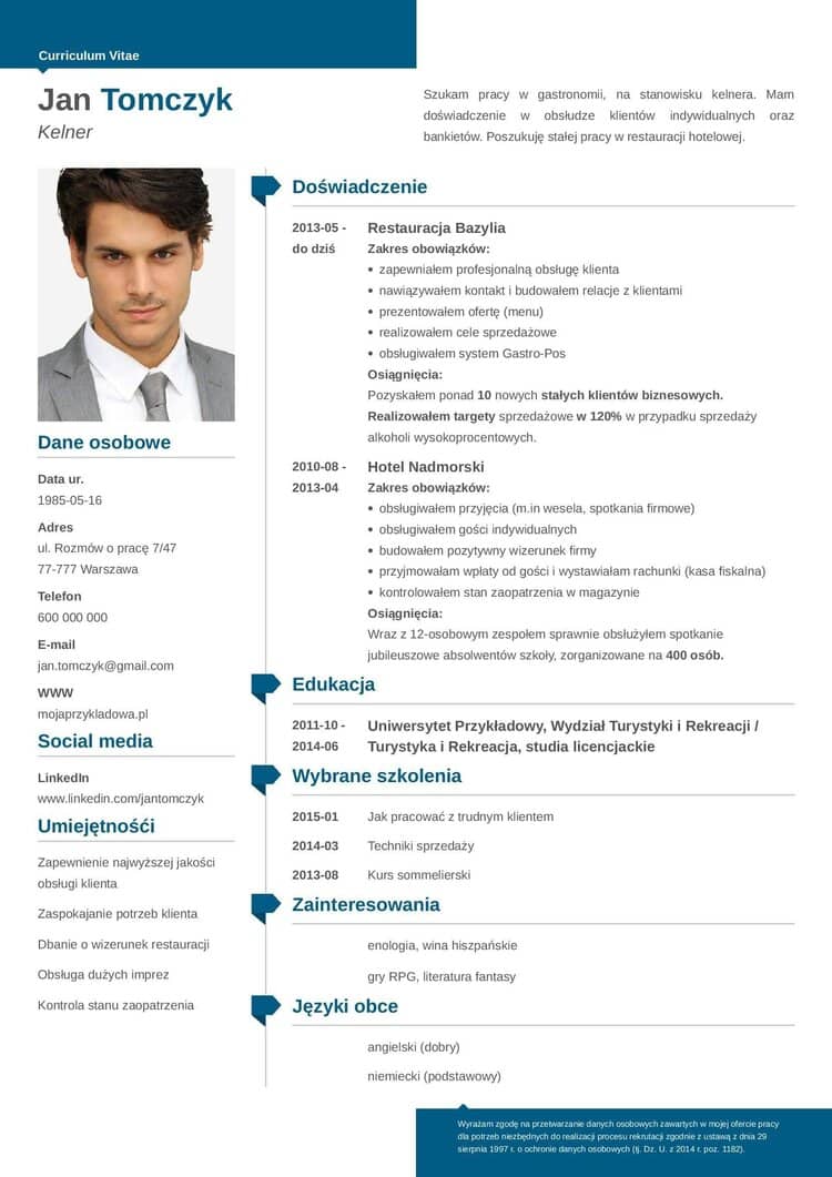 CV kelnerka / kelner - wzór [też bez doświadczenia]